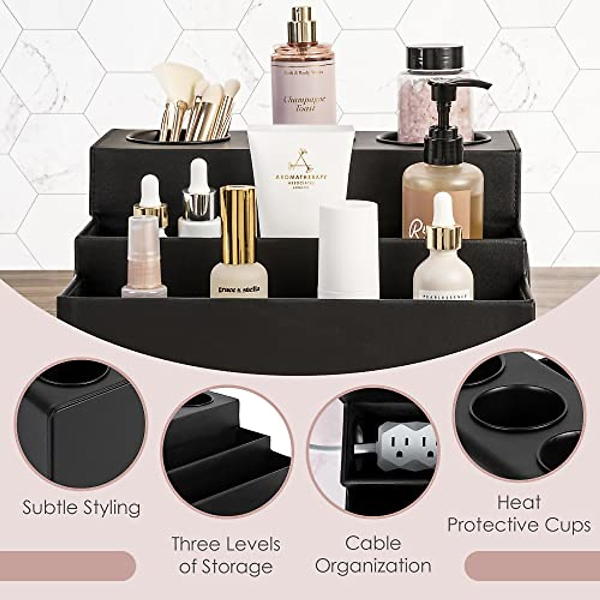 Hair Tool Organizer, Blow Dryer Holder, Flat Iron Storage, 12”x10.5”, Black, 3 Tier, Hot Tools Station, Styling Product Caddy, Organizers for Bathroom, Countertop, Vanity w/Silicone Mat | Houseables