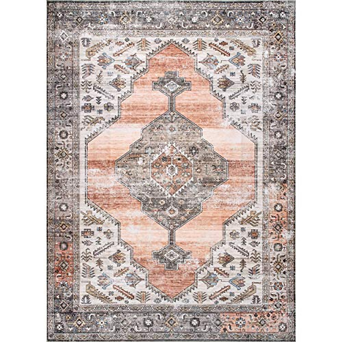 nuLOOM Gracie Distressed Medallion Machine Washable Area Rug, 8' x 10', Peach