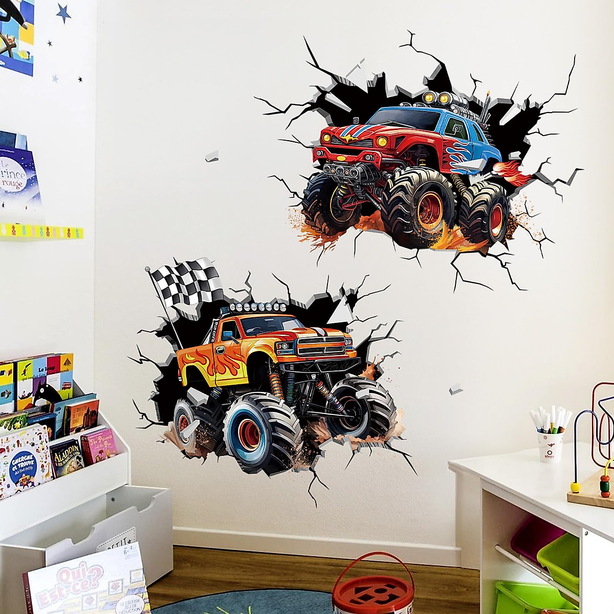 decalmile 2 Large 3D Racing Cars Wall Decals Trucks Break Through Wall Stickers Boys Bedroom Kids Room Playroom Wall Decor