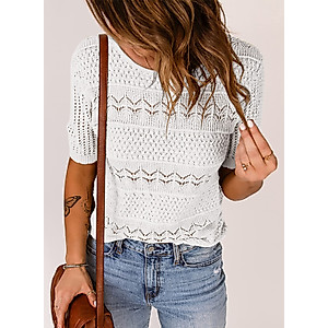 Dokotoo Women's Dressy Casual Short Sleeve Crewneck Sweater for Women Spring Summer 2025 Business Casual Tops Blouses Crochet Knit Tops White Sweaters for Women Trendy Clothing XL