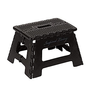 Inspired Living 9" Step Stool, Folding Step Stools for Adults, Plastic Foldable Step Stools Kids, Holds Up To 330 lbs, Collapsible Folding Stool for Kitchen, Bathroom, Bedroom - Black