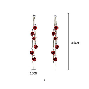 Red Rose Tassel Long Drop Earring 3D Rose Flower Drop Earrings CZ Crystal Rhinestone Rose Fashion Statement Dangle Earrings Purple Flower Tassel Earring Jewelry Bar Party Gifts for Women -Red A