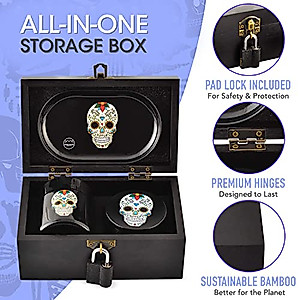 STASH HOUSE SUPPLY CO. Day of the Dead Design Premium Bamboo Stash Box Set with UV Glass Jar, Metal Tray and Lock - Great Gift for Skull Lovers