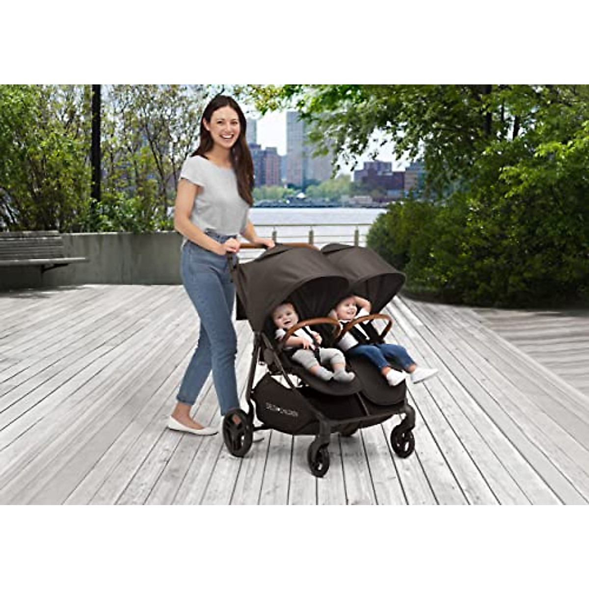 Delta Children Cruzer Double Stroller – Lightweight Side by Side with Reclining Seats, Extendable Canopies and Flat Fold, Black