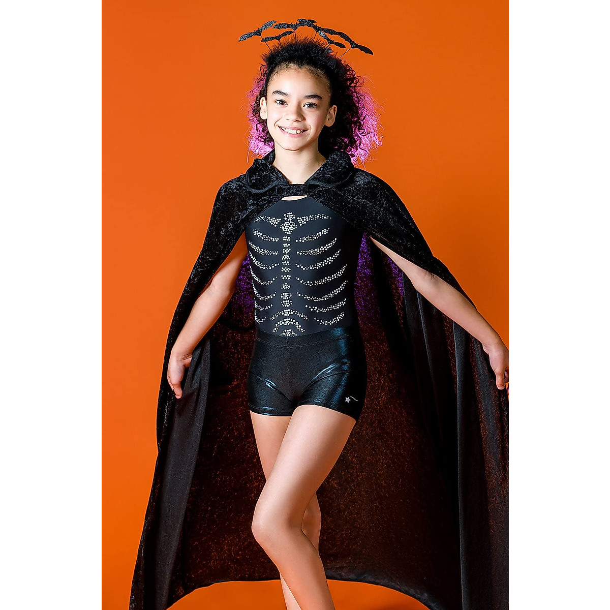 Destira Gymnastics Leotard for Girls, Crystal Ribcage Black Skeleton Halloween Costume, Child Medium (8)