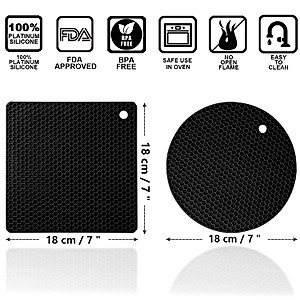 Anaeat 4 Pack Silicone Trivet Mats BPA Free - Heat Resistant Thicken Pot Holders, Multipurpose Hot Pads Non-Slip for Kitchen Potholder, Hot Dishes, Jar Opener, Spoon Rest, Drying Mat (Black)