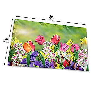 Spring Summer Flowers Daffodils and Tulips Flag 3x5 Ft Large Sewn Polyester Banner Outside Hanging Standard Flag for Yard Garden Lawn Holiday