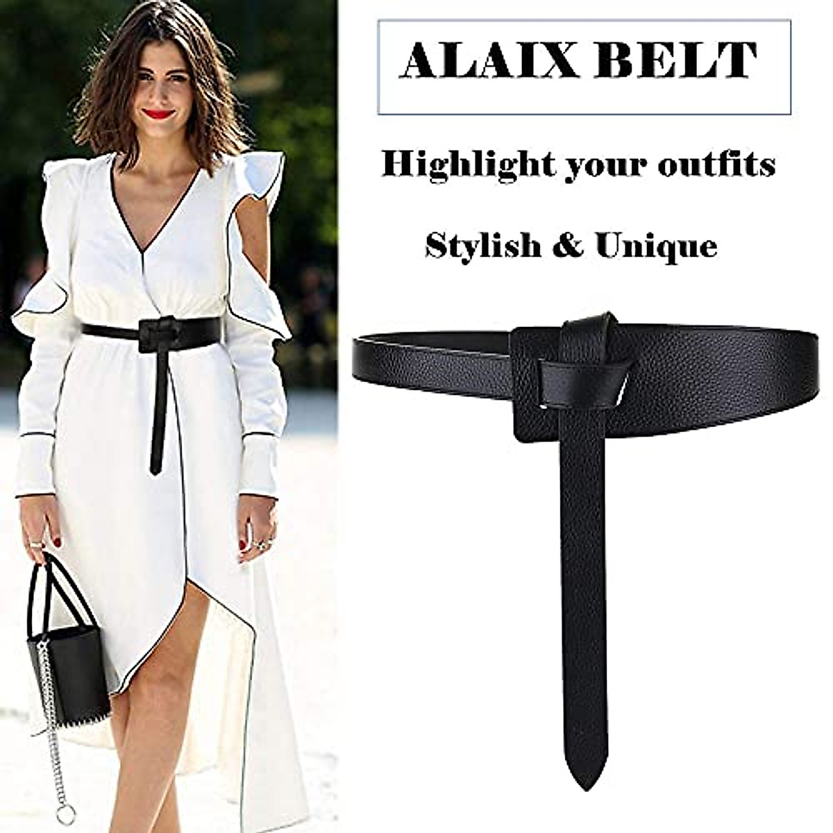 ALAIX Women's Leather Belt Dress Belt for Jeans Jumpsuit Coat Fashion Tie a Knot Genuine Leather Waist Belt Black
