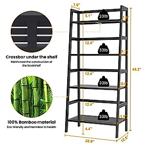 Homykic 4-Tier Black Bookshelf Ladder Shelf, Bamboo 49.2” Open Book Shelf Bookcase Ladder Shelves Freestanding Bathroom Storage Shelf Unit Plant Stand for Living Room, Bedroom, Office, Easy Assembly