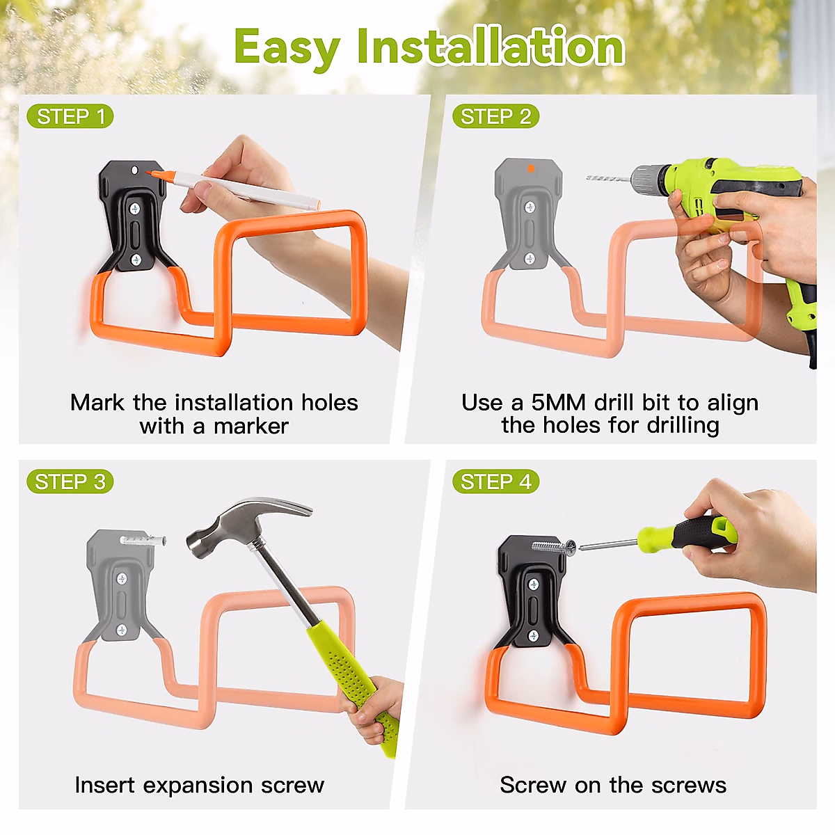 UPCERA Hose Holder Stand Wall Mount, 2Pcs Heavy Duty Garden Hose Hanger Reel, Metal Water Pipe Tube Hooks Rack for Outside Yard, Garage, Storage Organizer - Orange
