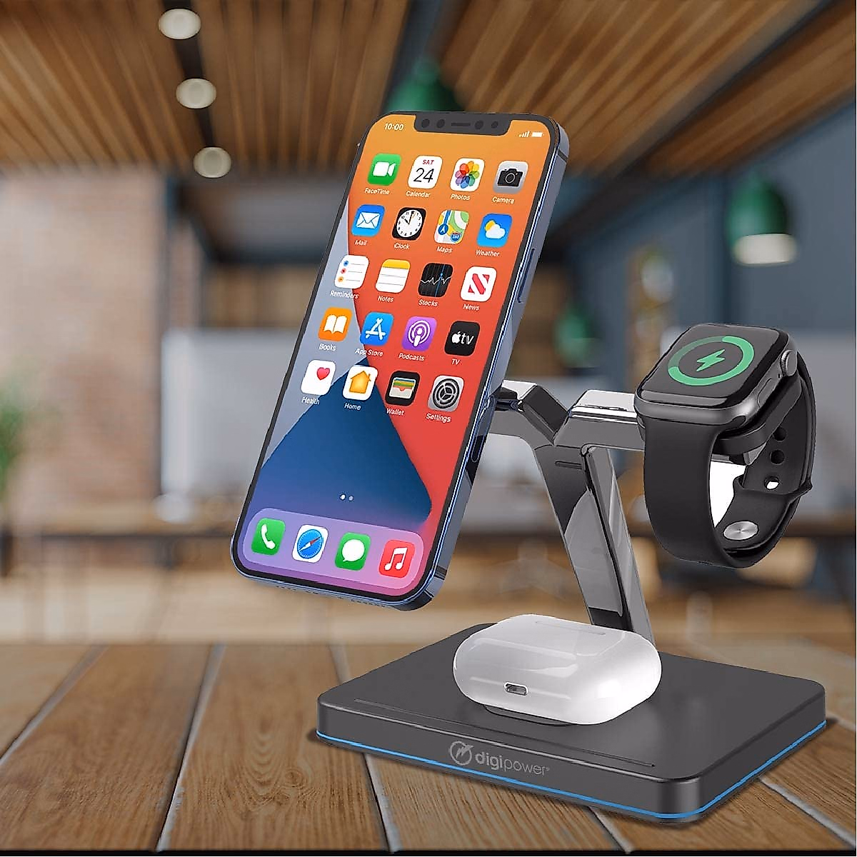 Digipower Wireless Charger - 3 in 1 Magnetic Charging Station - Fast Wireless Charger Stand for iPhone 14/13/12/Pro/Max, for Apple Watch 7/6/5/4/3/2/SE, AirPods 3/2/Pro