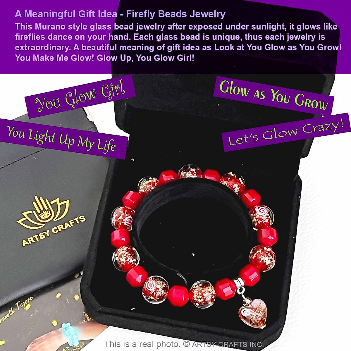 ARTSY Crafts Glow in the Dark Glass Beads with Natural Gemstone Beads Charm Bracelets, Crystal Healing Stones Firefly Beads Bracelet for Men Women Love Calming Anxiety Chakra Spiritual Gifts, Quartz