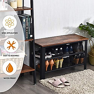 Giantex 3-Tier Shoe Rack Bench, Industrial Shoe Bench with 2 Mesh Shoe Storage Shelves & Seat, Rustic Shoe Rack, Shoe Rack Bench for Entryway, Front Door, Garage Shoe Storage (Rustic Brown)