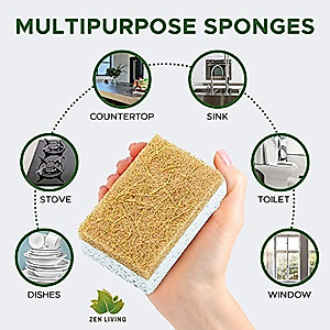 Zen Living Natural Sponge - Eco-Friendly Scrub Sponges for Kitchen - Non Scratch Odor Free Biodegradable Plant Based Scrubber Pads for Cleaning Dishes - Best Wooden Pulp Sponge (Brown-White, 12 Pack)