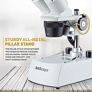 AmScope SE306R-P-LED Forward-Mounted Binocular Stereo Microscope, WF10x Eyepieces, 20X and 40X Magnification, 2X and 4X Objectives, Upper and Lower LED Lighting, Reversible Black/White Stage Plate, Pillar Stand, 120V or Battery-Powered