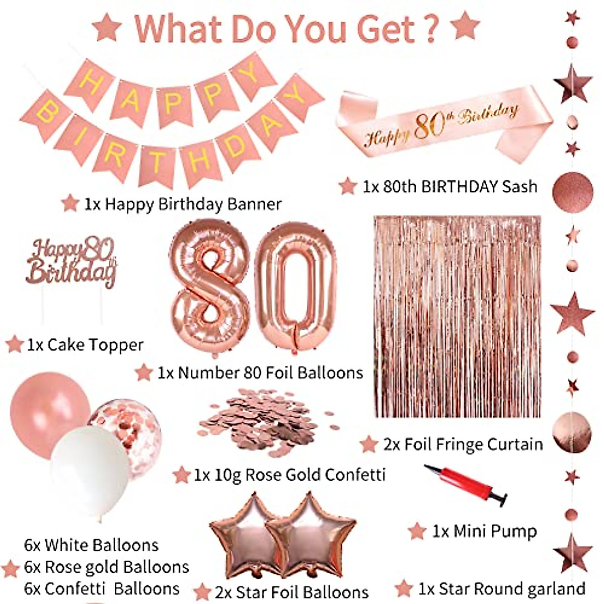 80th Birthday Decorations for Women, Happy Birthday Banner, Number 80 Foil Balloon Happy Birthday Cake Topper Rose Gold Curtain Happy 80th Birthday Sash Anniversary Decorations Birthday Backdrop