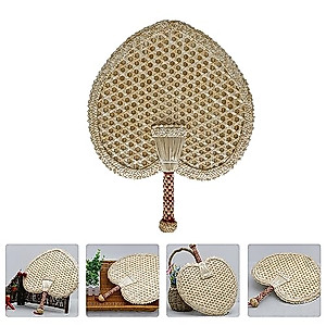 MKYOKO Folding Fan Fan Hand Fans Woven Summer Palm Handmade Rattan Natural Straw Leaf Rocker African Paddle Heart Wheat Weaving Tea Pot (Wood Color 37X29CM)