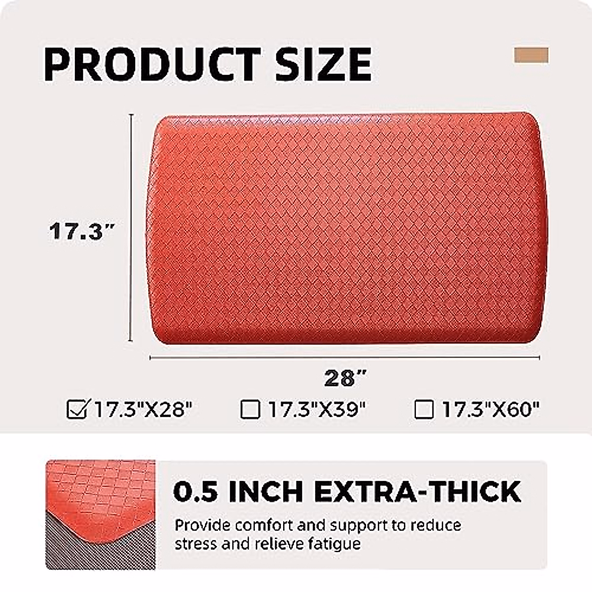 KOKHUB Kitchen Mat,1/2 Inch Thick Cushioned Anti Fatigue Waterproof Kitchen Rug, Comfort Standing Desk Mat, Kitchen Floor Mat Non-Skid & Washable for Home, Office, Sink,17.3"x28"- Red