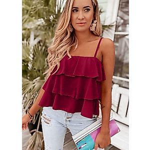 KIRUNDO Women's 2025 Summer Spaghetti Strap Cami Tank Tops Tiered Ruffle Tie Shoulder Flowy Sleeveless Shirts Camisole(Jujube Red, X-Large)