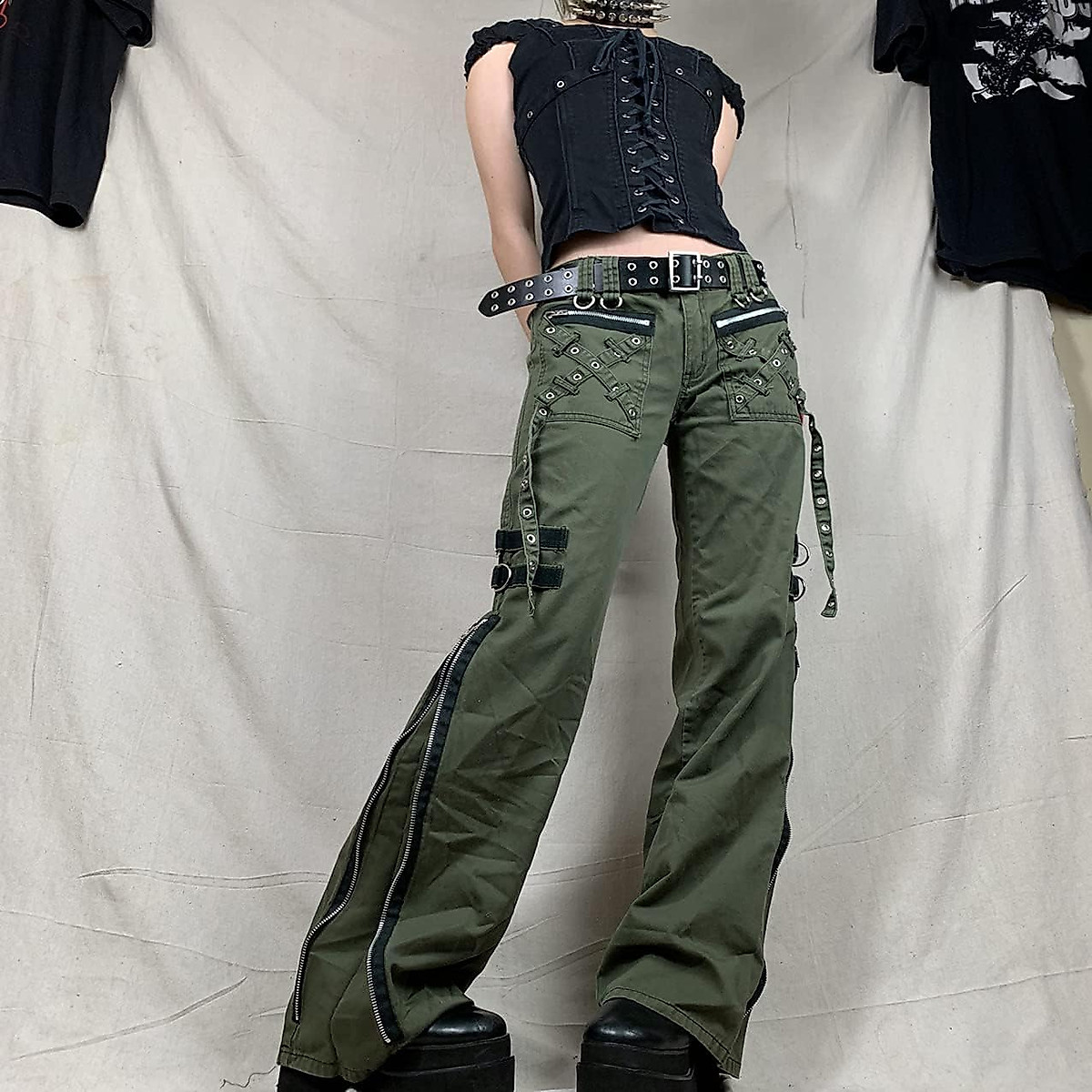 Ynocfri Women Harajuku Goth Pants Wide Leg Low Rise Baggy Pants Grunge Gothic Cargo Pants with Chain Streetwear(L-Army Green, S)