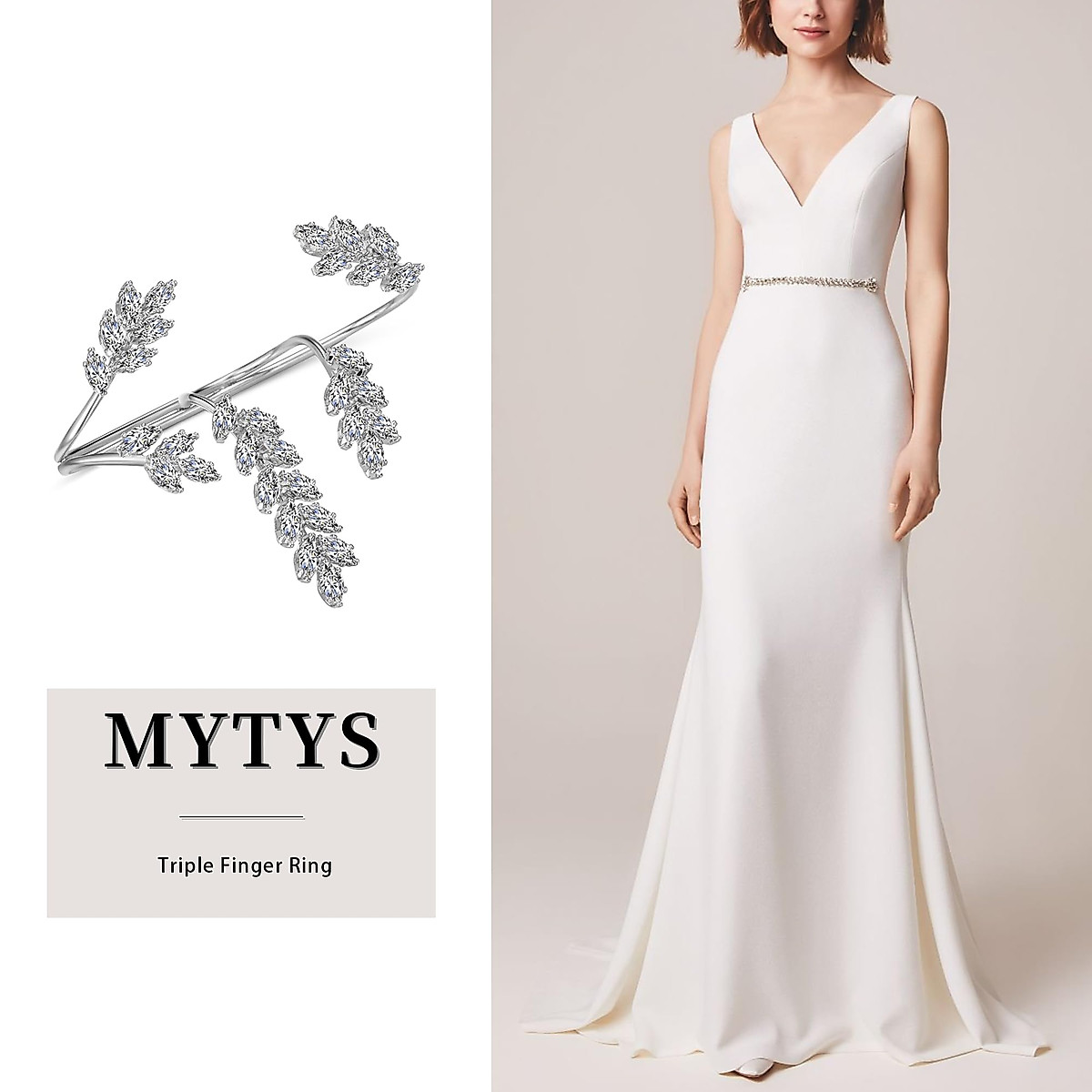 Mytys Fashion Triple Finger Ring for Women Silver CZ Cubic Zirconia Ring Three Finger Open Ring Leaf Design Jewelry Gift Adjustable Size (Silver)