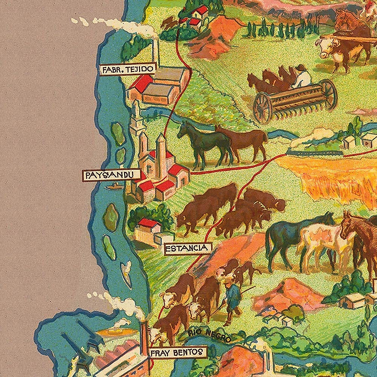 Map of Uruguay, South America circa 1936 - Oriental Republic of Uruguay - measures 24 inches x 24 inches (610mm x 610mm)