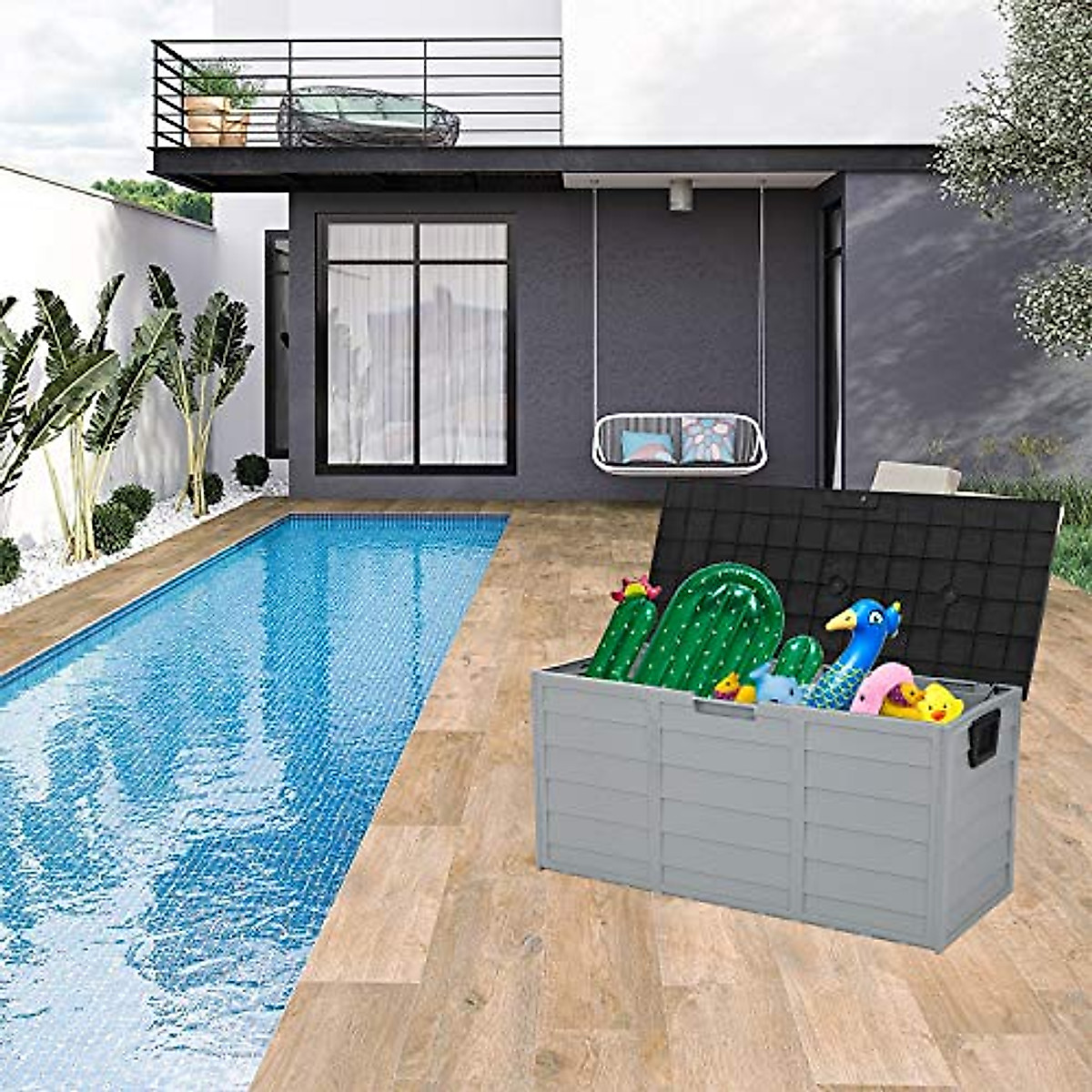 HomVent Outside Storage Box 75 Gallon Deck Boxes Outdoor waterproof Storage Container For Patio Cushions,Patio Furniture, Garden Tools and Pool Toys (Black & Gray)