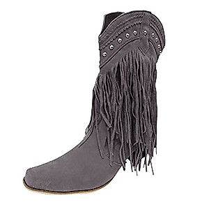 Cowgirl Booties for Women Boots Heel Retro Chunky Tassel Mid-Calf Fringe Casual White Rave Boots Chunky Block Heel Square-Toe Slip on Platform Knee High Boots