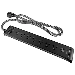 Westinghouse 96023 Strip 6-Outlet 2-USB 900 Joule Surge Protector with Fabric Braided Tangle Free Cord, Black