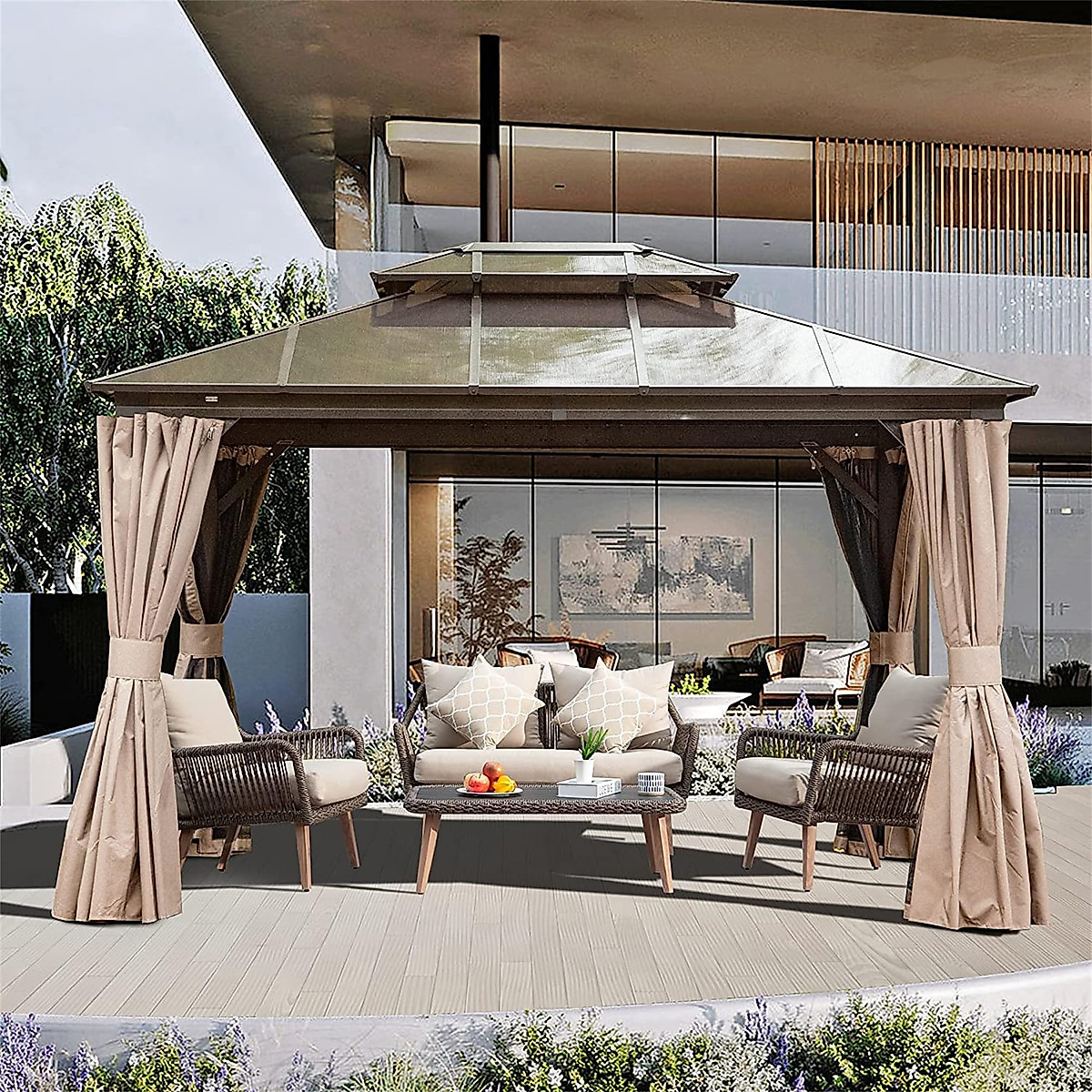 DHPM 10' x 12' Hardtop Gazebo, Permanent Outdoor Aluminum Patio Gazebo with Aluminum Composite Polycarbonate Double Roop for Patio Lawn and Garden, Curtains and Netting Included