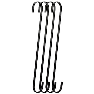 RuiLing 4-Pack 12 Inch Black Chrome Finish Steel Hanging Flat Hooks - S Shaped Hook Heavy-Duty S Hooks, for Kitchenware, Pots, Utensils, Plants, Towels, Gardening Tools, Clothes