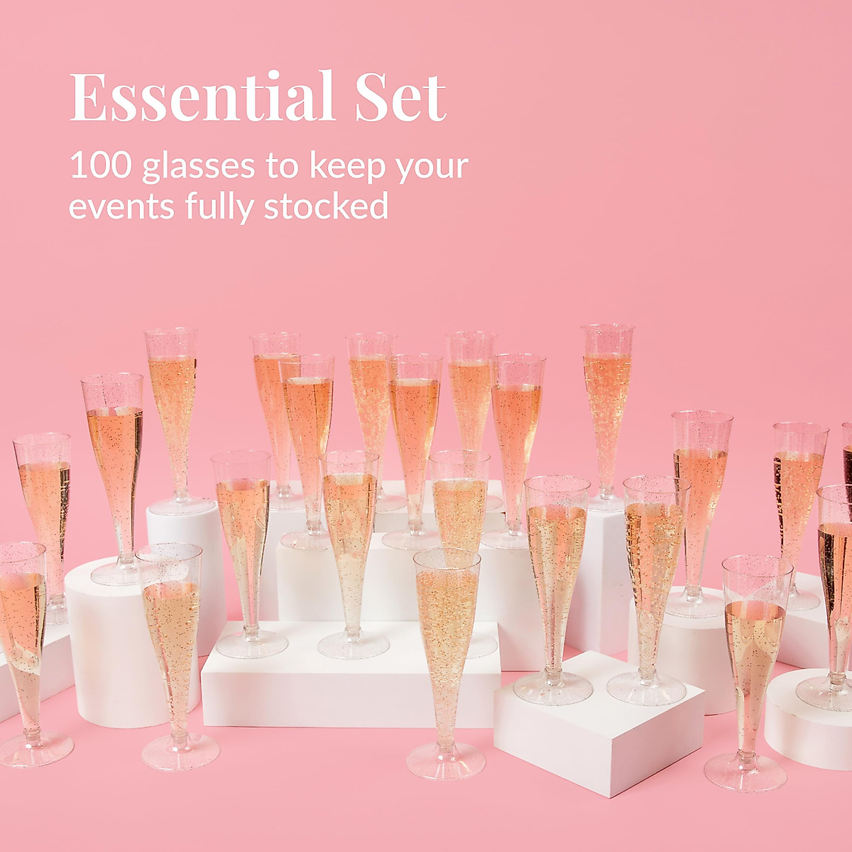 Prestee 100 Pack Plastic Champagne Flutes Disposable - Durable Silver Glitter Champagne Glasses 4.5 oz - Ideal for Parties, Weddings, Mimosa Bar, and Celebrations - Elegant Single Use Party Glasses