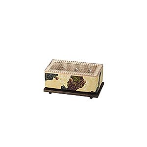 Japanese Tabletop BBQ Charcoal Grill Shichirin Konro, with Metal Grate and Wood Base, Rectangular, Made in Japan, 12 x 5.8"