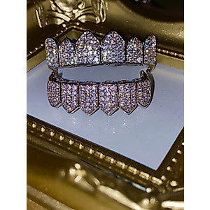 18K White Gold Plated CZ Cluster Custom Slugs Top Bottom GRILLZ Fangs Mouth Teeth Grills Set - Grillz, Teeth Cap, Iced Out Grillz (Top & Bottom Set)