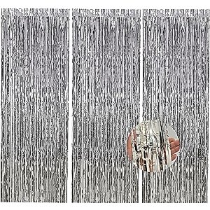 3 Pack Silvery Foil Fringe Backdrop Curtains，3.3 ft x 8.2 ft Silvery Door Streamers ，Silvery Gold foil Fringe Curtain Backdrop,for Photo Background Party Decorations, Graduation Decorations