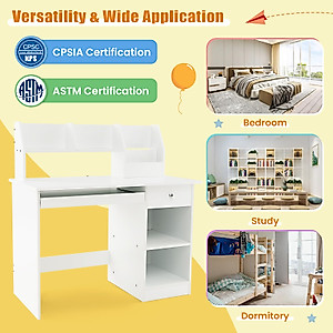 Giantex Kids Study Desk, Children Wooden Computer Desk with Hutch, Bookshelf, Keyboard Tray, Drawer, Storage Shelves, Student Writing Table Computer Workstation for Home School Use, White