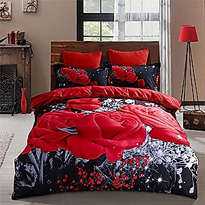 Labstandard Red Duvet Cover Set Queen, 3D Printed Rose Bedding Soft Comforter and Breathable Quilt Cover(1 Duvet Cover, 2 Pillowcases, Zipper Closure)