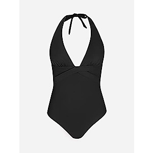 CUPSHE One Piece Swimsuit for Women Ribbed Bathing Suit Deep V Neck Halter Wrap Front Backless Solid Swimwear M, Black