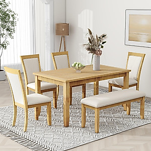 KLMM Rustic Solid Wood 6-Piece Dining Table Set with PU Leather Upholstered Chairs and Bench,for DiningRoom LivingRoom Kitchen Use (Natural Wood Wash@PU Leather)