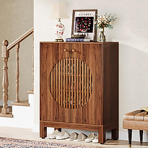 Tribesigns 5-Tier Shoe Cabinet with Round Louvered Doors, 20 Pairs Farmhouse Shoe Storage Cabinet with Adjustable Shelves, Freestanding Shoe Rack Organizer for Entryway, Hallway, Living Room, Brown