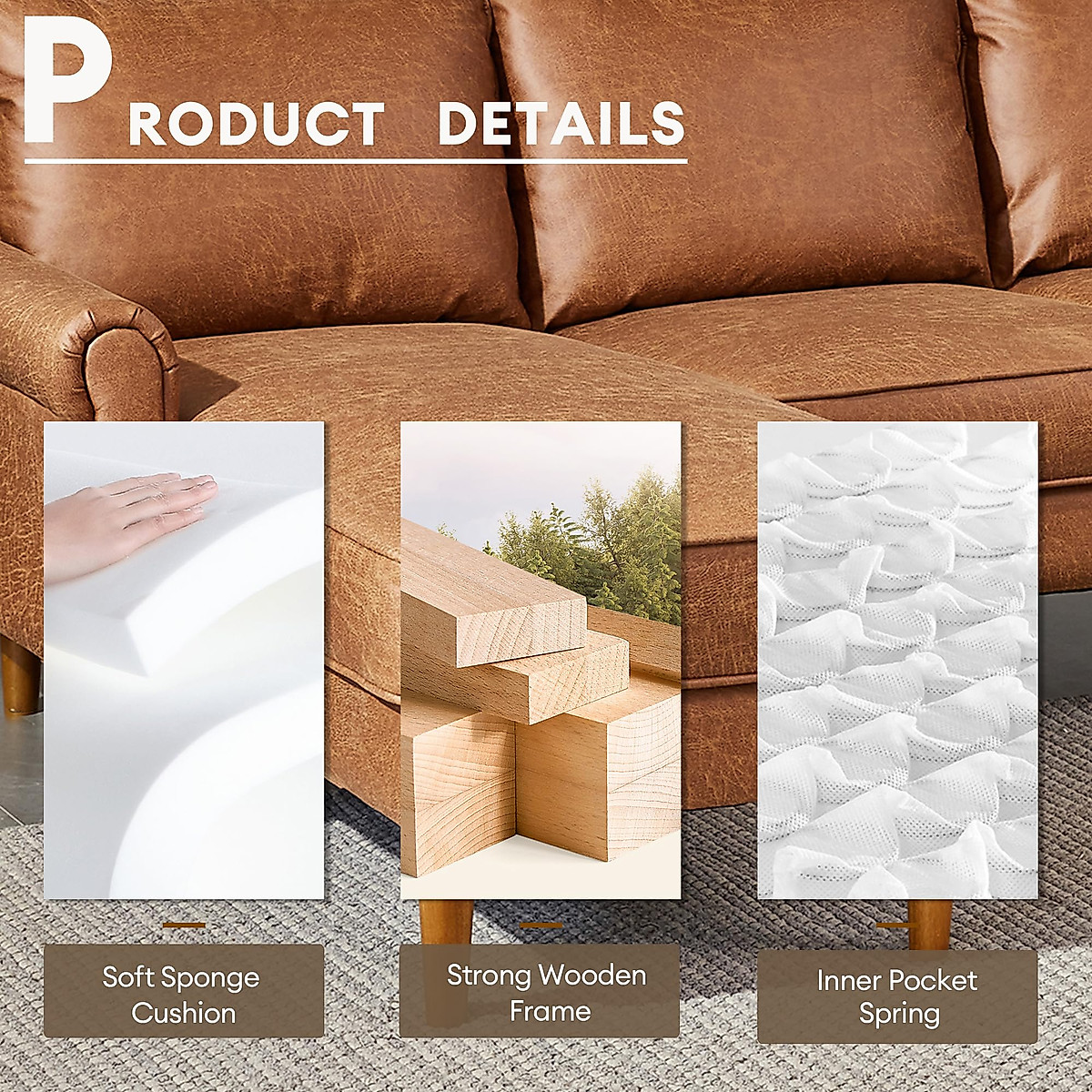 Weaxty 81.55" Sofa Couch, L Shaped Faux Leather Sectional with Chaise Suede Fabric Couch Sofas with Comfortable Cushions for Small Space Living Room Apartment, Right Chaise Brown