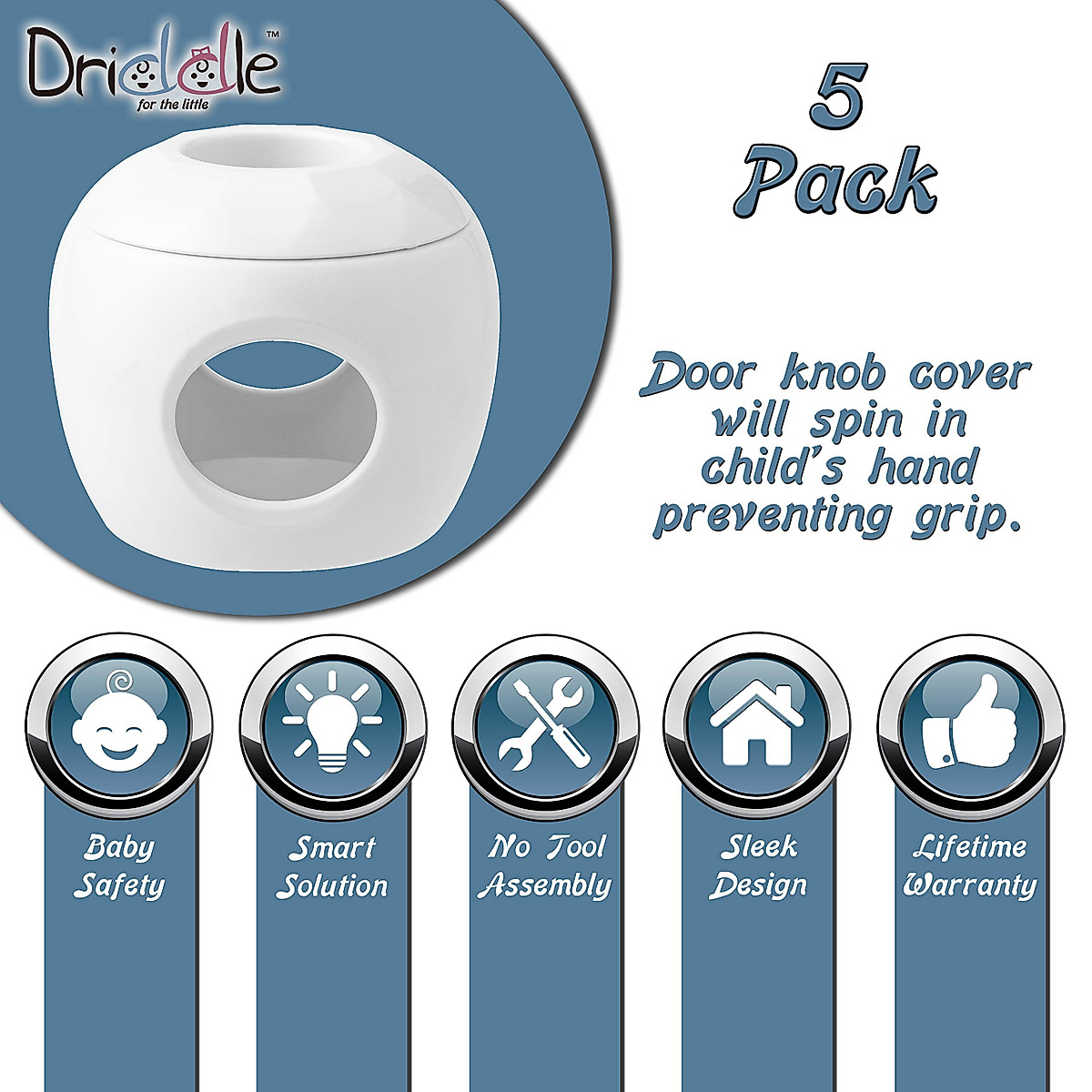 Driddle Door Knob Safety Cover for Kids - 5 Pack - Baby Proof Door Knob Covers - Door Locks for Kids Safety Child Proof - White