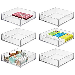 mDesign Plastic Bathroom Bin Tray - Square Storage Organizer for Vanity, Drawer, Dresser, Table - Perfect Countertop Tray for Organizing Makeup, Hand Soap, and More - Prism Collection - 6 Pack - Clear