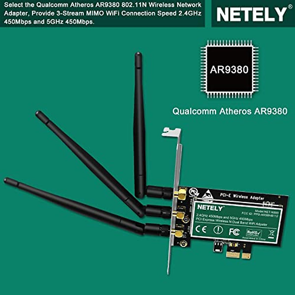 NETELY Wireless Dual Band 900Mbps PCI Express (PCIE) WiFi Adapter for Windows 7, 8.x, 10, 11 32/64bit and Linux Desktop PCs, PCIE WiFi Card, Qualcomm Atheros AR938X Wireless Network Adapter (NET-N900)