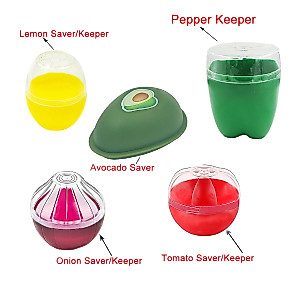 Yamesu 5 Pieces Fruit and Vegetable Shaped Savers Keepers Storage Containers for Fridge, Avocado Green Pepper Tomato Lemon and Onion Keeper/Saver/Holder, Refrigerator Vegetable Crisper