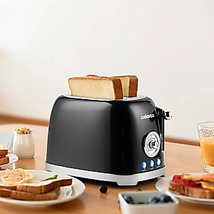 CUSIMAX Toaster 2 Slice with Extra Wide Slots for Bagels, Stainless Steel Toaster with 6 Toast Settings and 4 Functions, Bagel, Cancel, Defrost & Reheat, Removable Crumb Tray, Retro Toaster Black