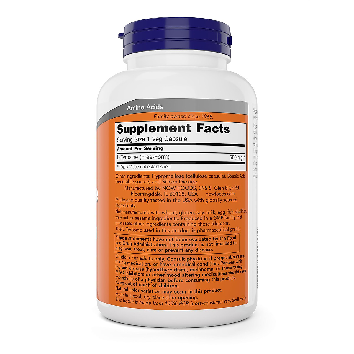 Now Foods L-Tyrosine 500mg, 300 Capsules - Non GMO - Supports Mental Alertness - 500 mg Caps - Free Form Supplement