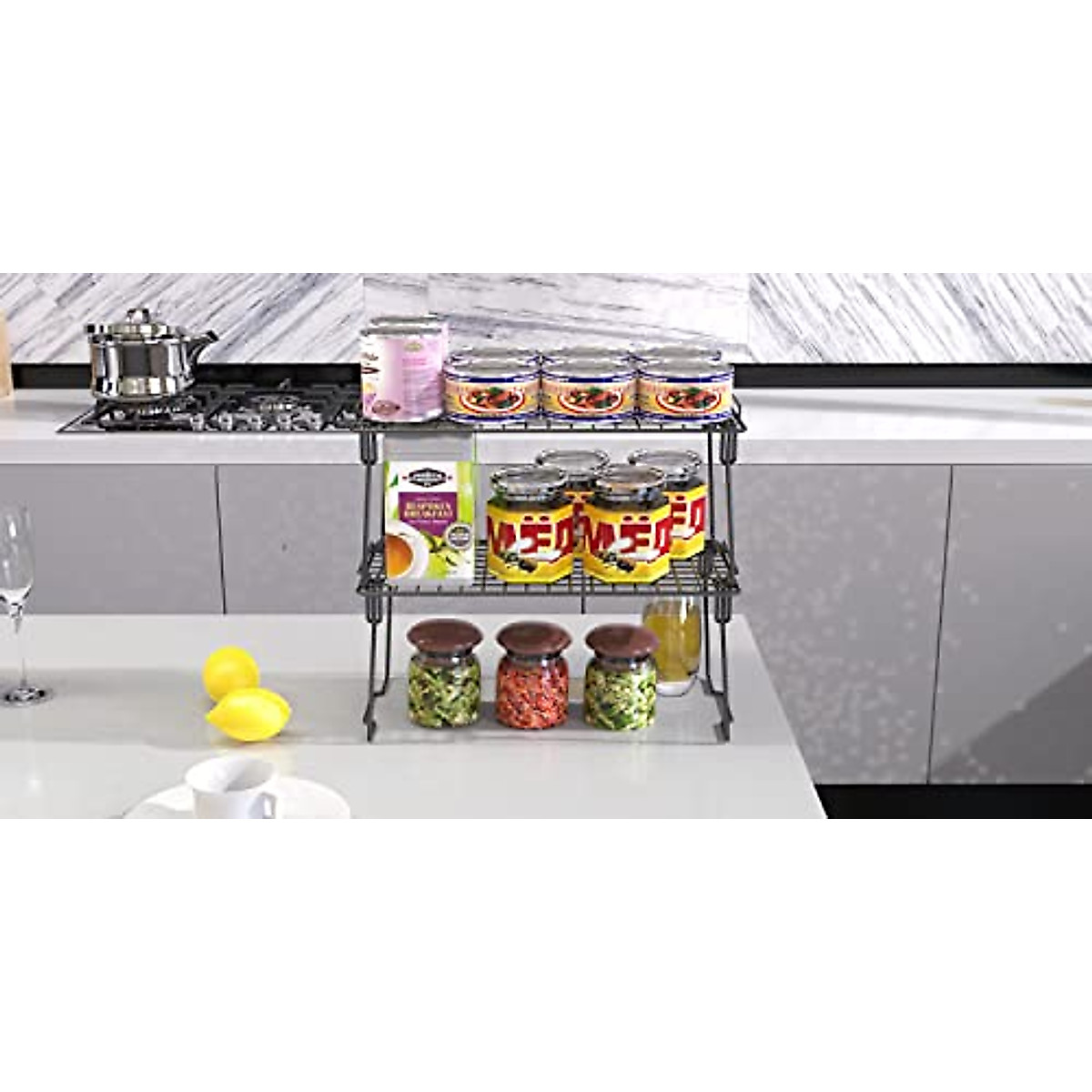 EMT ETRENDS Stackable Storage Shelf, 2-Tier Metal Shelves, Small Mesh Folding Shelf Stand for Cabinet, Kitchen Storage, Spice Racks, Makeup, Bathroom Organizer Rack (2 Tier Foldable, Black)