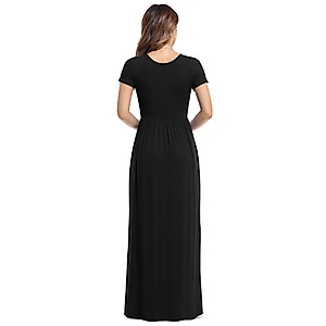 VIISHOW Women's Short Sleeve Loose Plain Maxi Dresses Casual Long Dresses with Pockets(Black, X-Large)