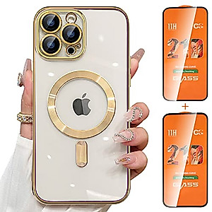DINGKUAKE for iPhone 12 Pro Max Case Magsafe, Magnetic Clear Phone Case with Screen Protector and Camera Cover, Transparent Electroplated Case for Women/Girl/Men (Gold)